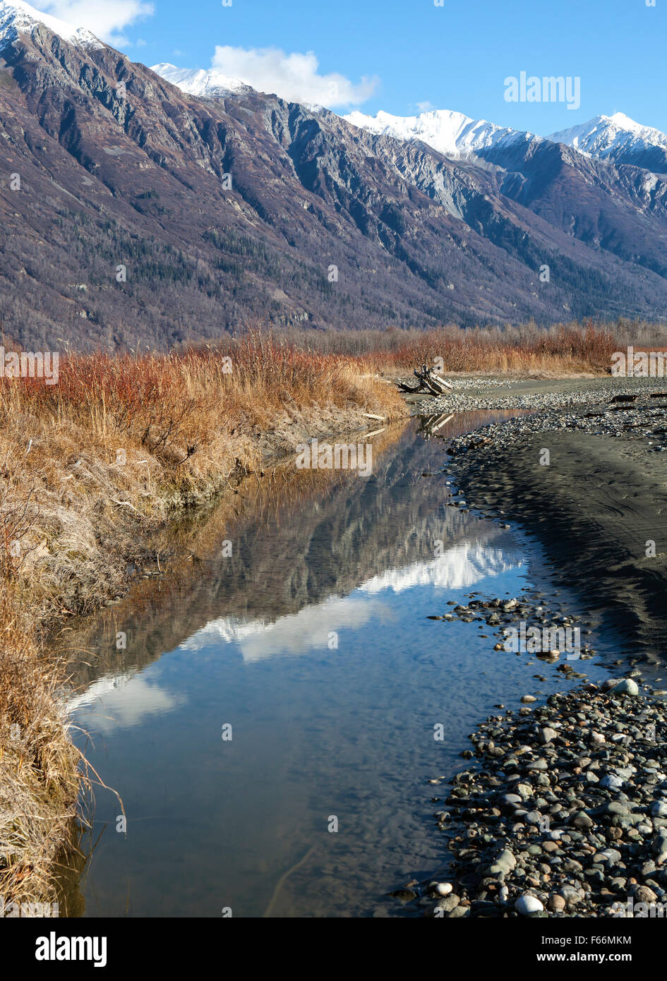 Reflections of mountains in a Chilkat River channel in fall Stock Photo ...