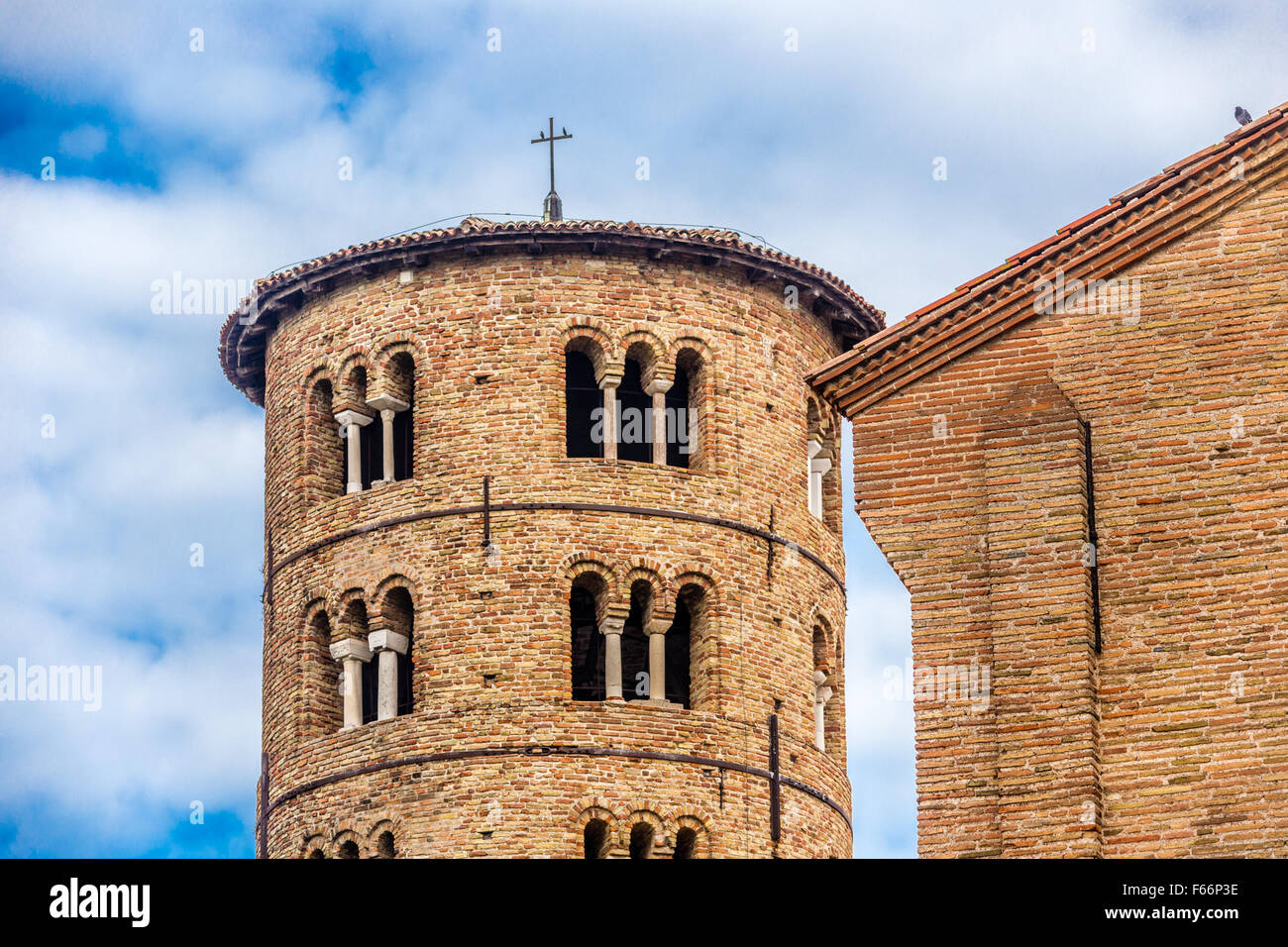 cylindrical bell tower of the ninth century with mullioned windows ...