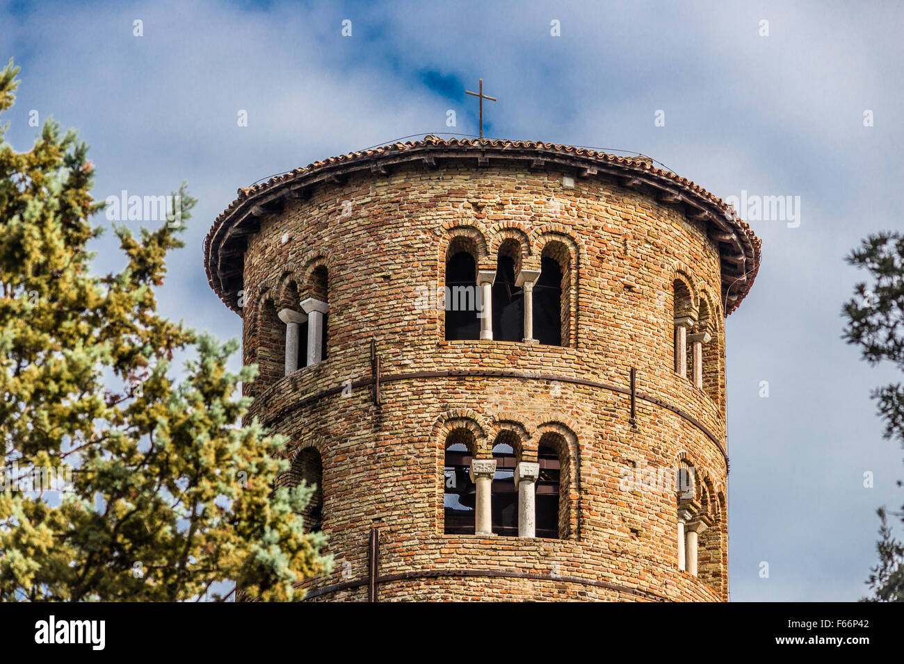 cylindrical bell tower of the ninth century with mullioned windows ...
