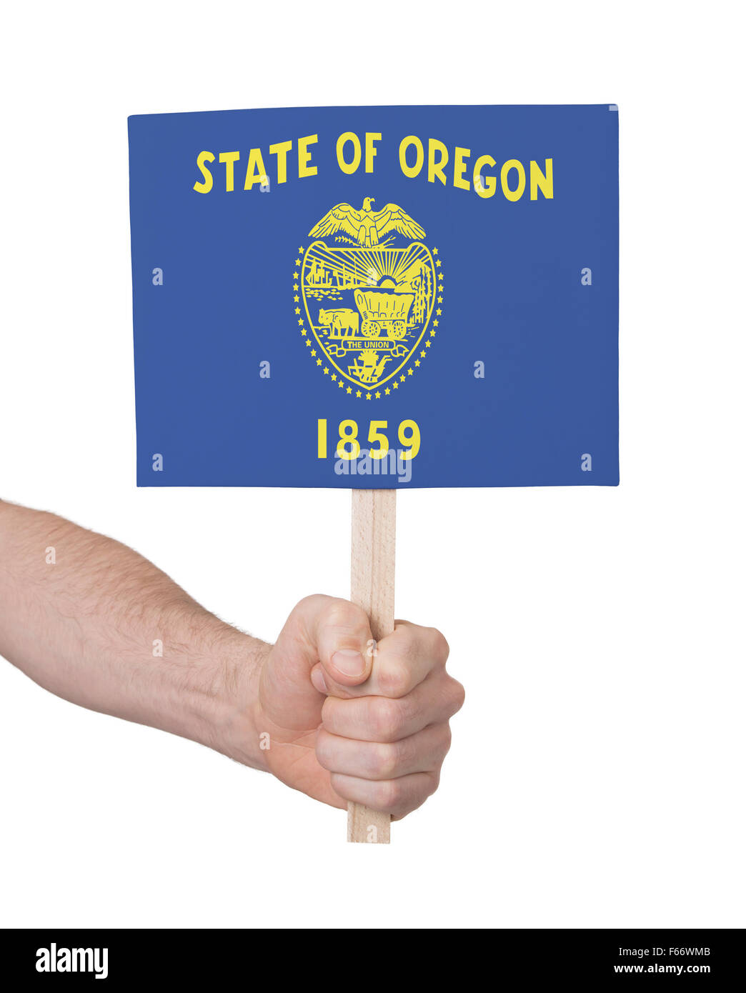 Hand holding small card, isolated on white - Flag of Oregon Stock Photo ...