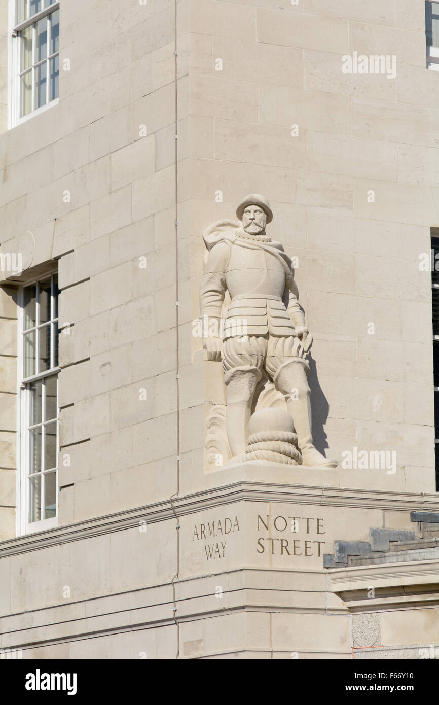 Sir Francis Drake stone carving on corner of Armada Way and Notte ...