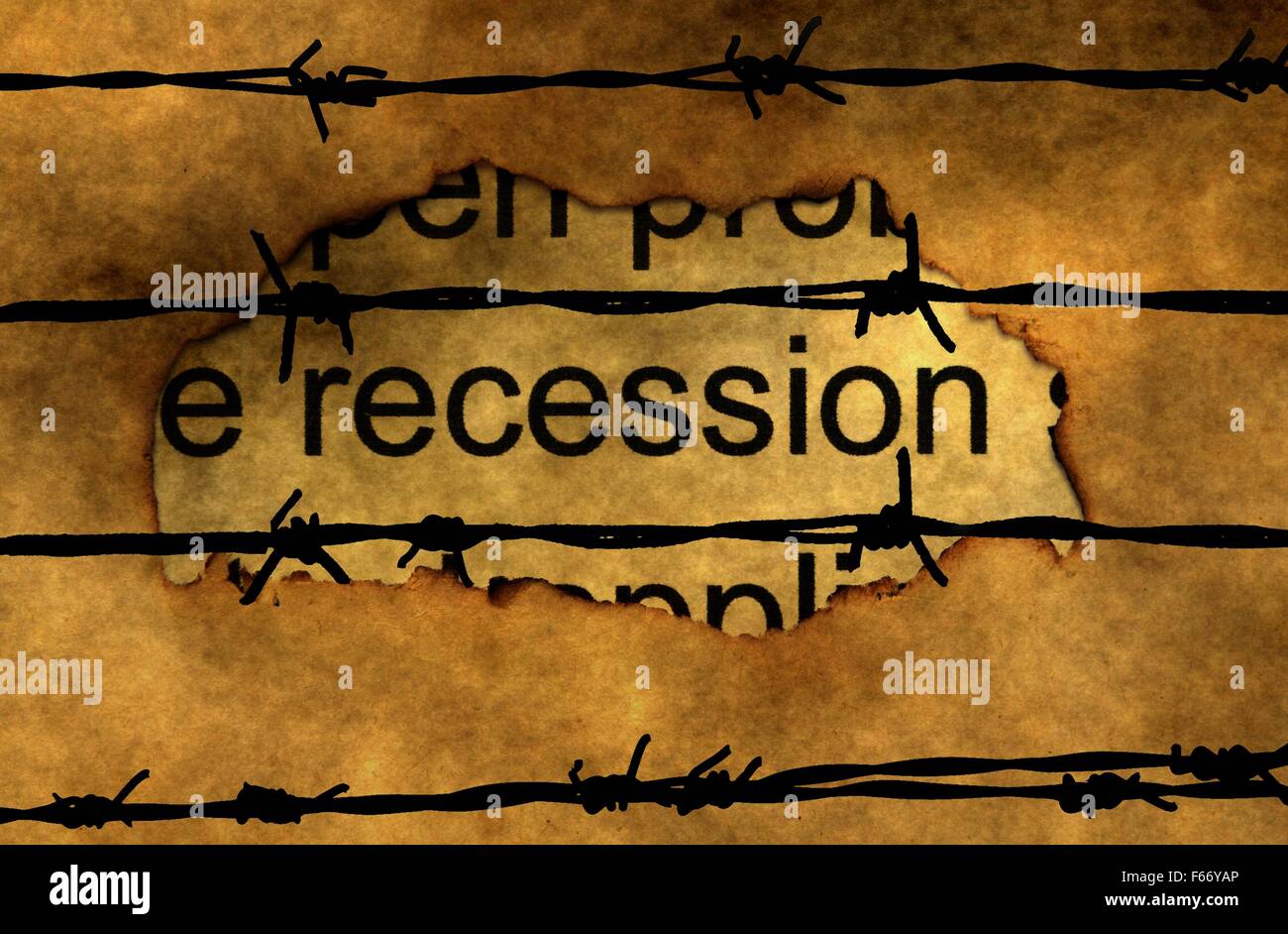 Recession text on paper hole against barbwire Stock Photo - Alamy