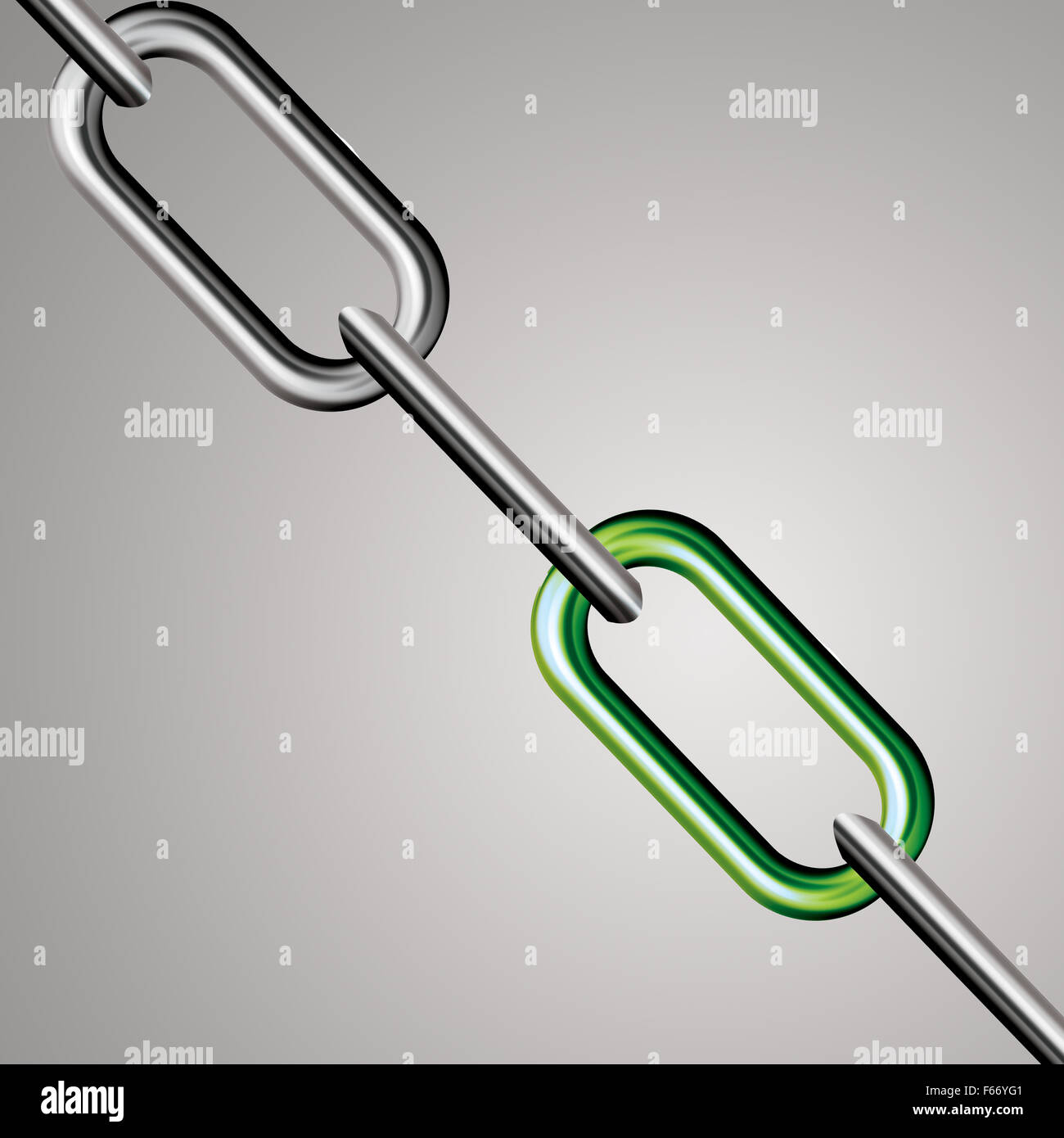 Chrome chain with a green link on white background Stock Photo - Alamy