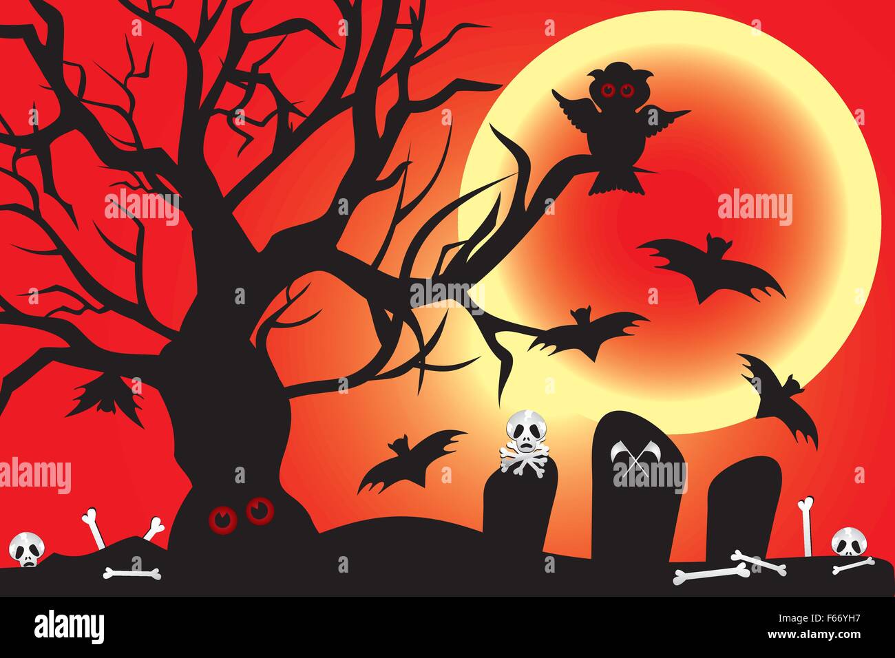 Illustration for Halloween-night with owl, bats under the blood-moon ...