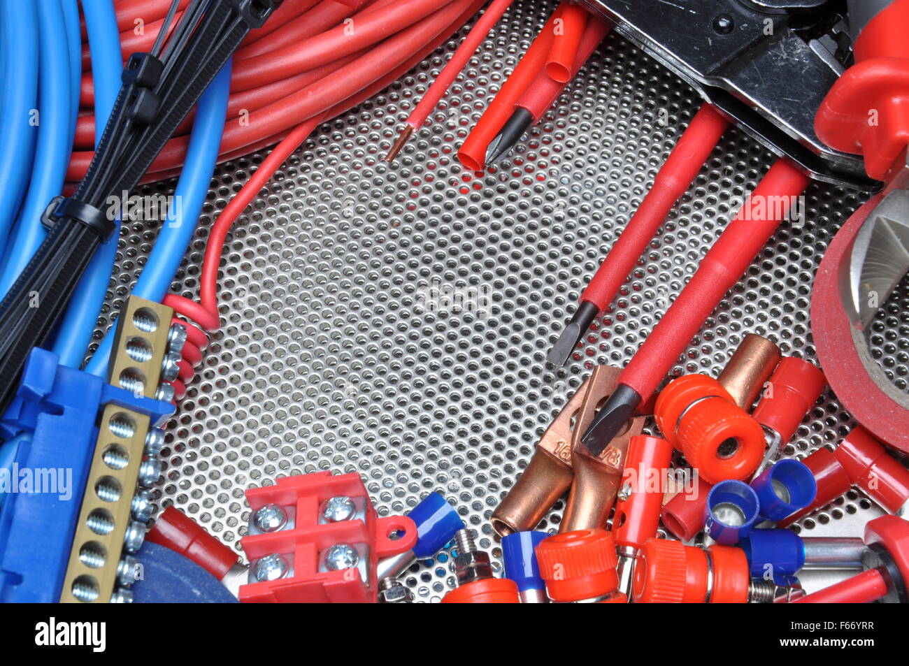 Electrical tools, component and cables on metal surface Stock Photo - Alamy