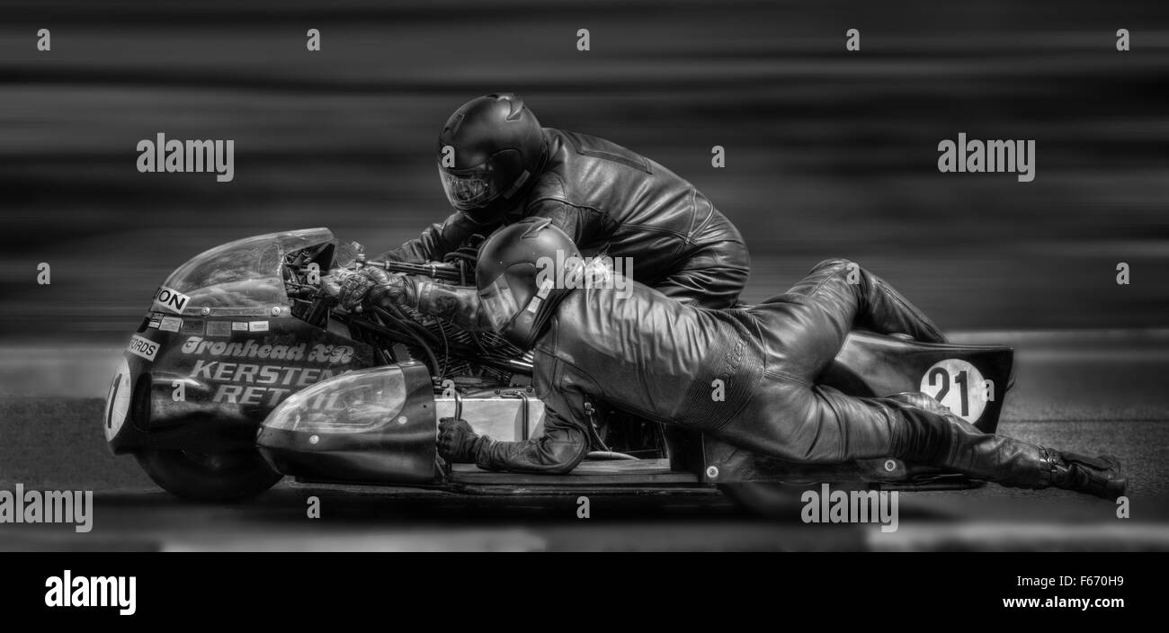 sidecar motorcycle racing at Oulton Park, Cheshire black and white ...