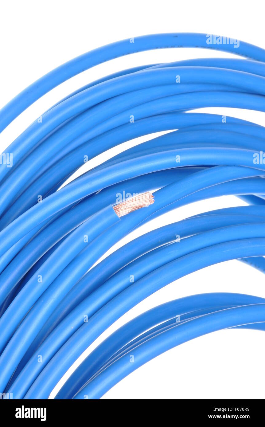 Blue electric cable isolated on white background Stock Photo - Alamy