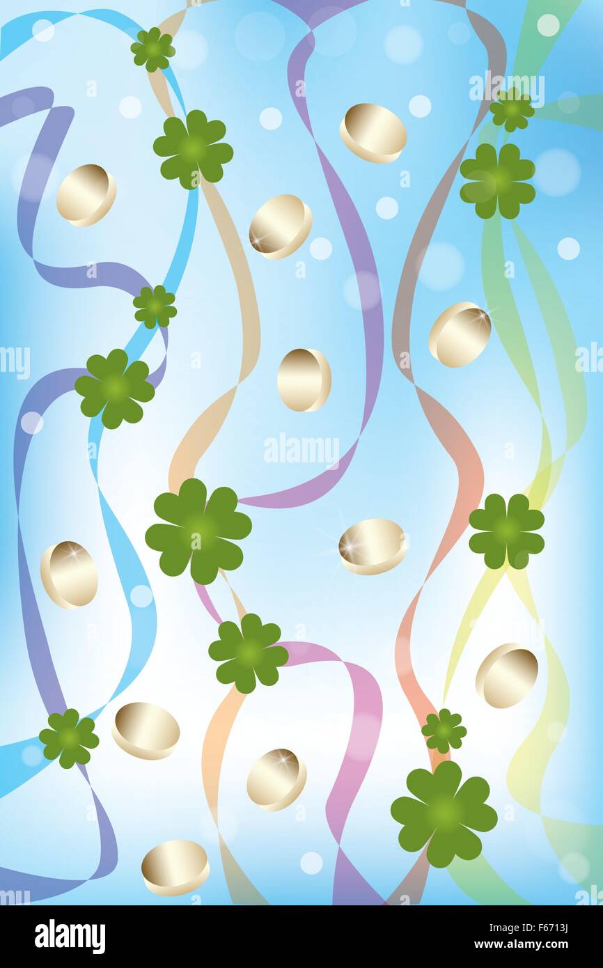 Colorful illustration of four leaf clover, shimmering gold coins and ...