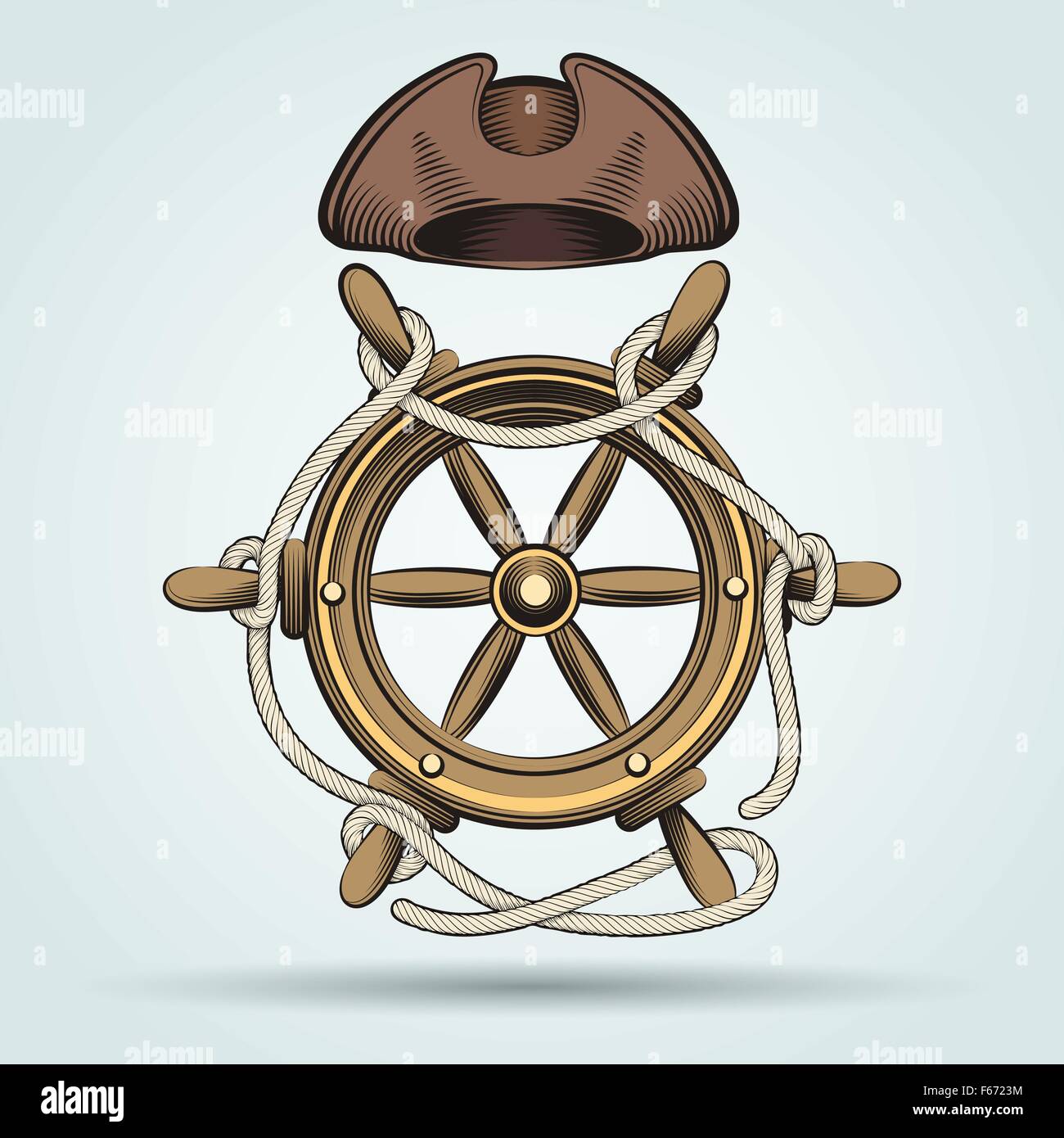 Steering wheel with ropes and sailor hat. Colorful illustration Stock ...