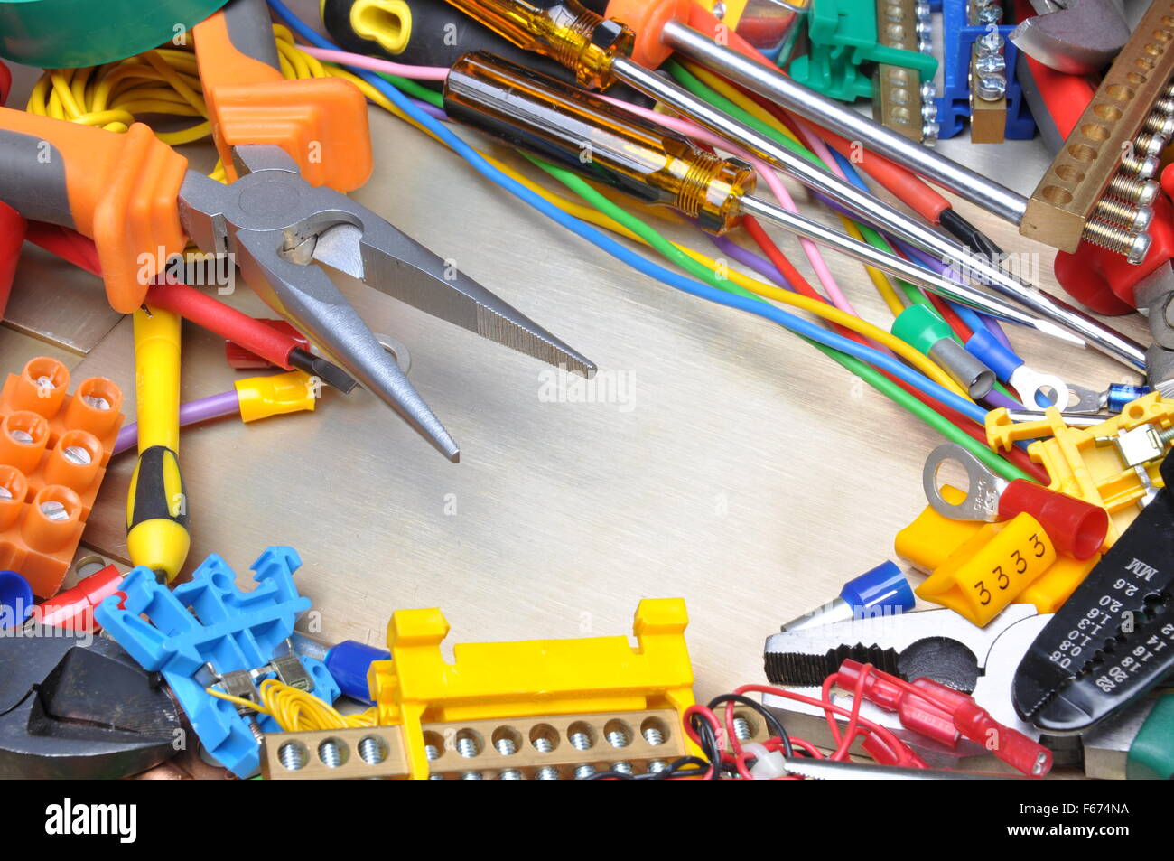 Tools and component kit for use in electrical installations Stock Photo ...