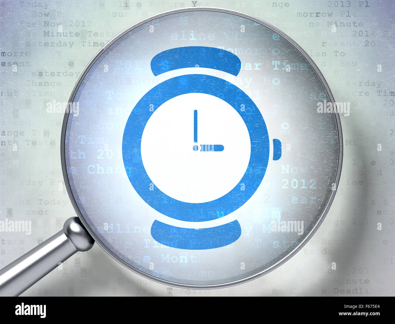 Timeline concept: Hand Watch with optical glass on digital background ...