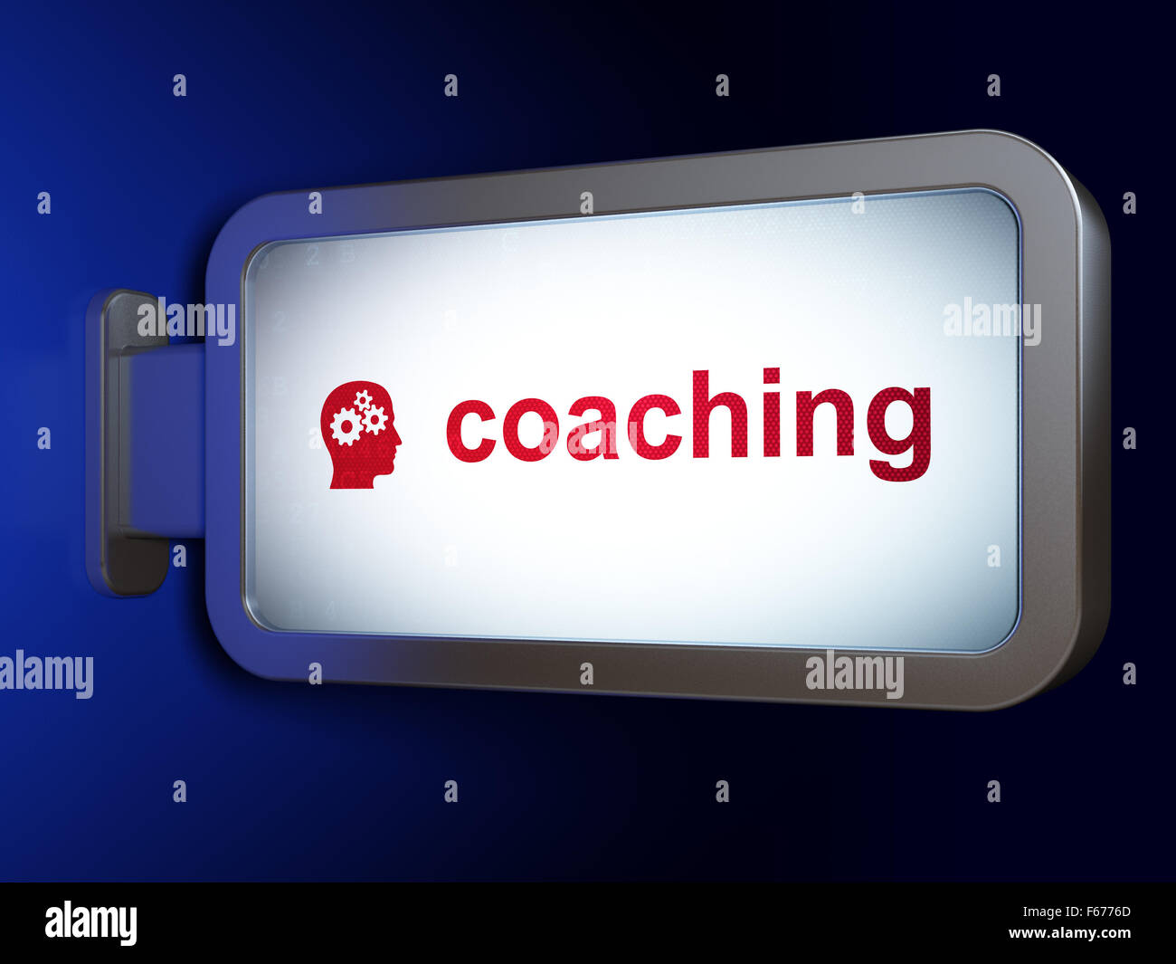 Learning concept: Coaching and Head With Gears on billboard background ...