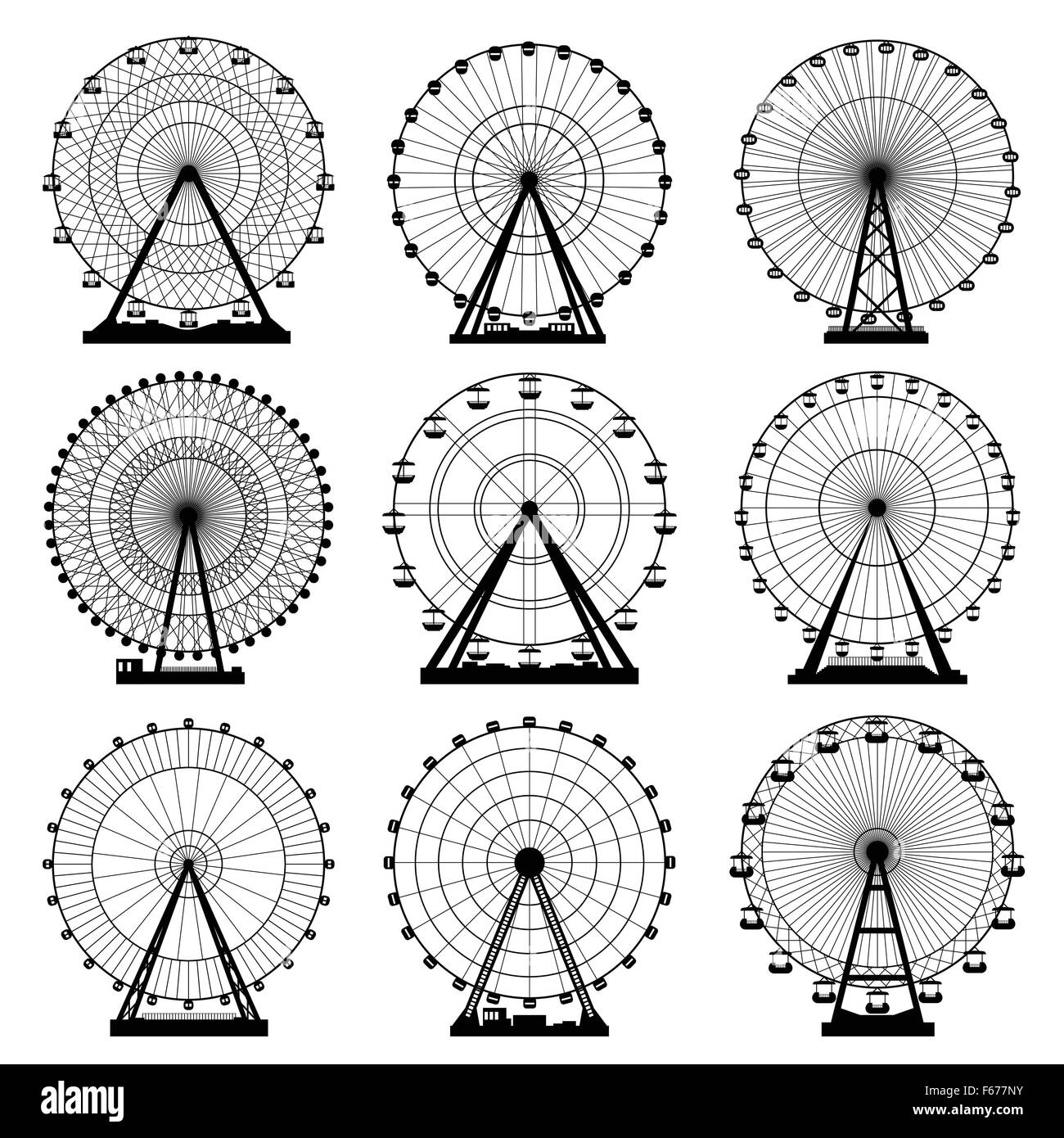 Vector illustrations set. Ferris wheel. Carnival. Funfair background ...