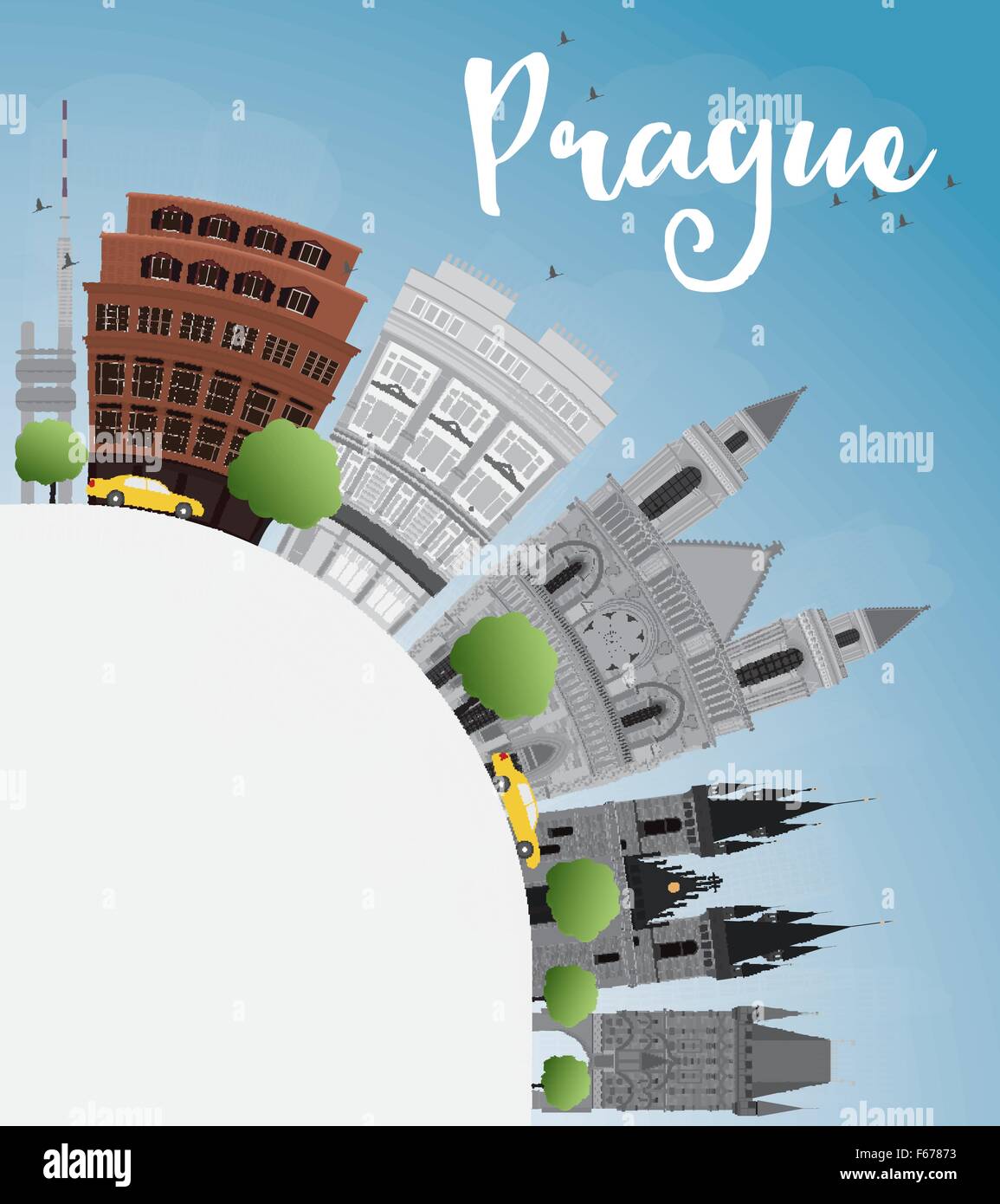 Prague skyline with grey landmarks, blue sky and copy space. Vector ...