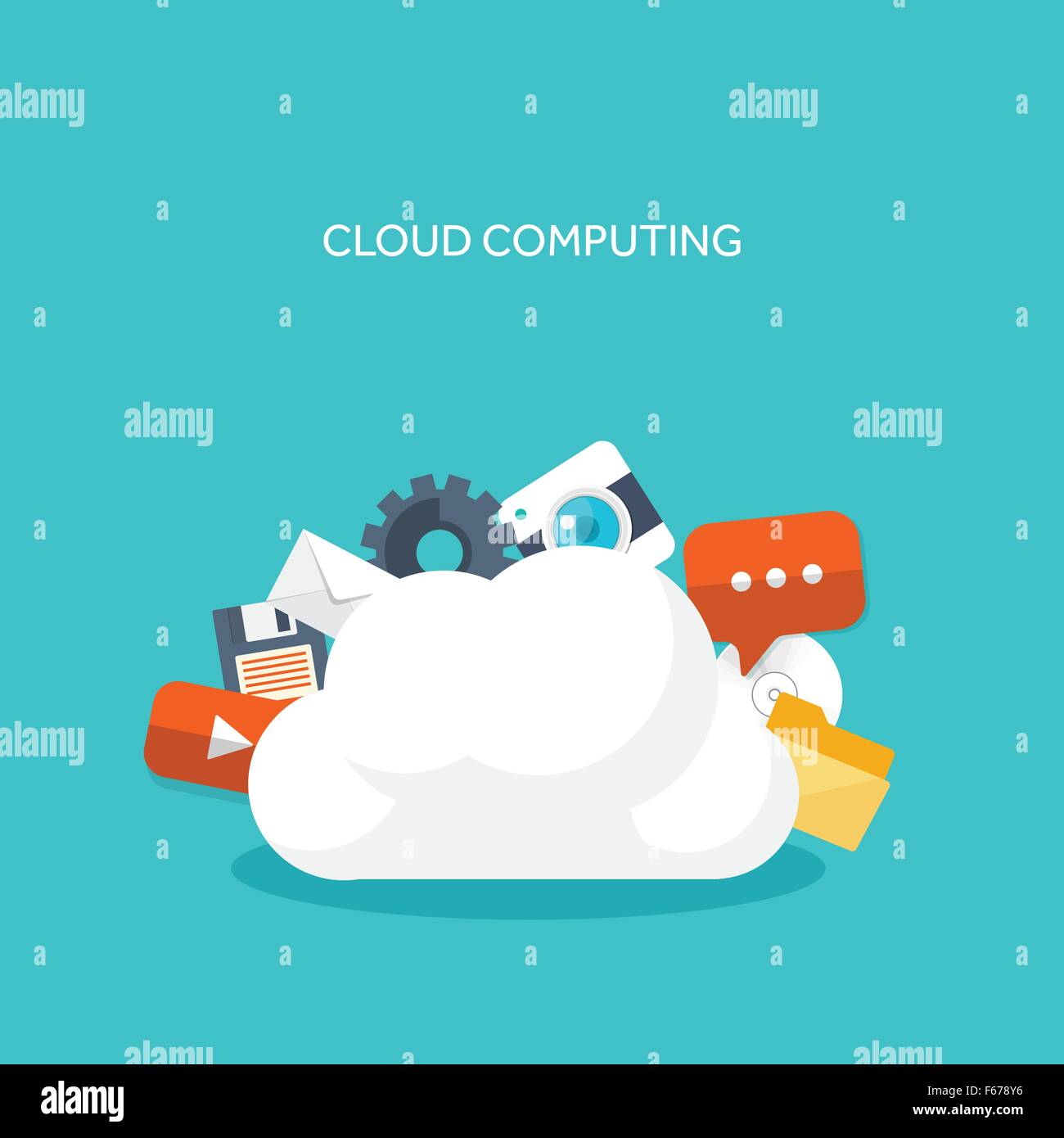 Vector illustration. Flat cloud computing background. Data storage network technology ...