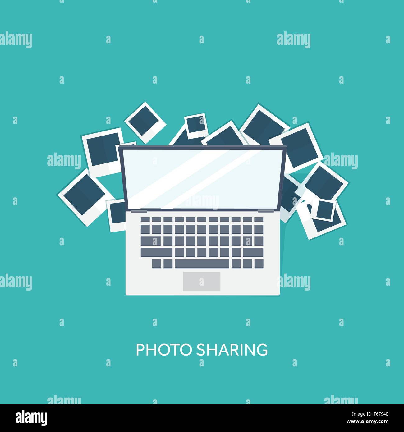 Flat background with hand and photos. Travel. Selfie ,images sharing ...