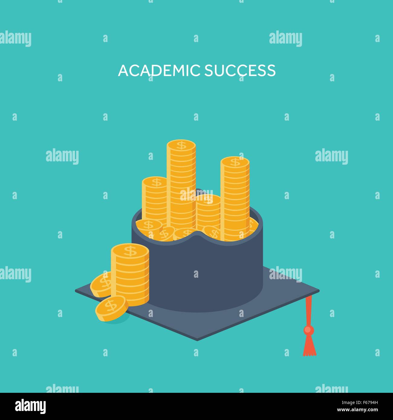 Vector illustration. Flat background with academic cap ,golden coins ...