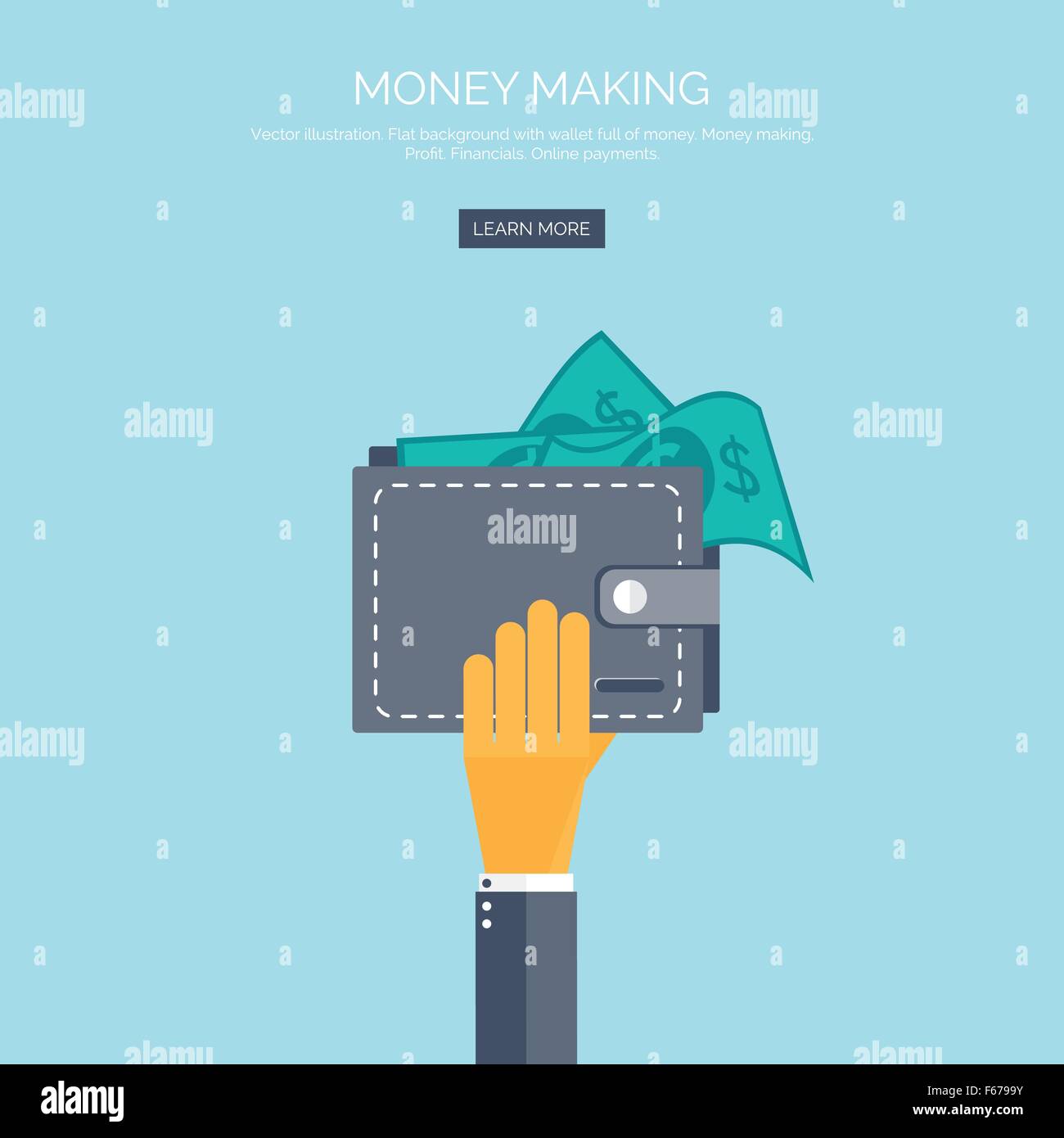 Vector illustration. Flat background with hand and wallet full of money ...