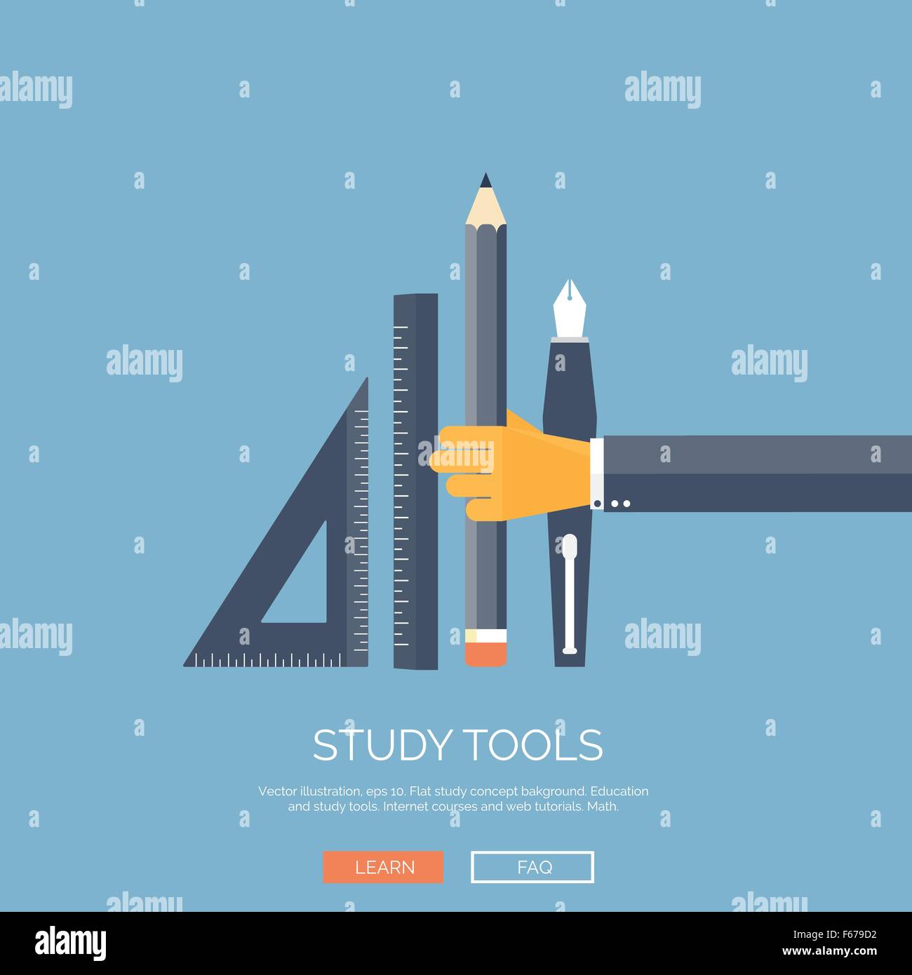 Vector illustration. Flat background with hand and ruler, pencill, pen ...