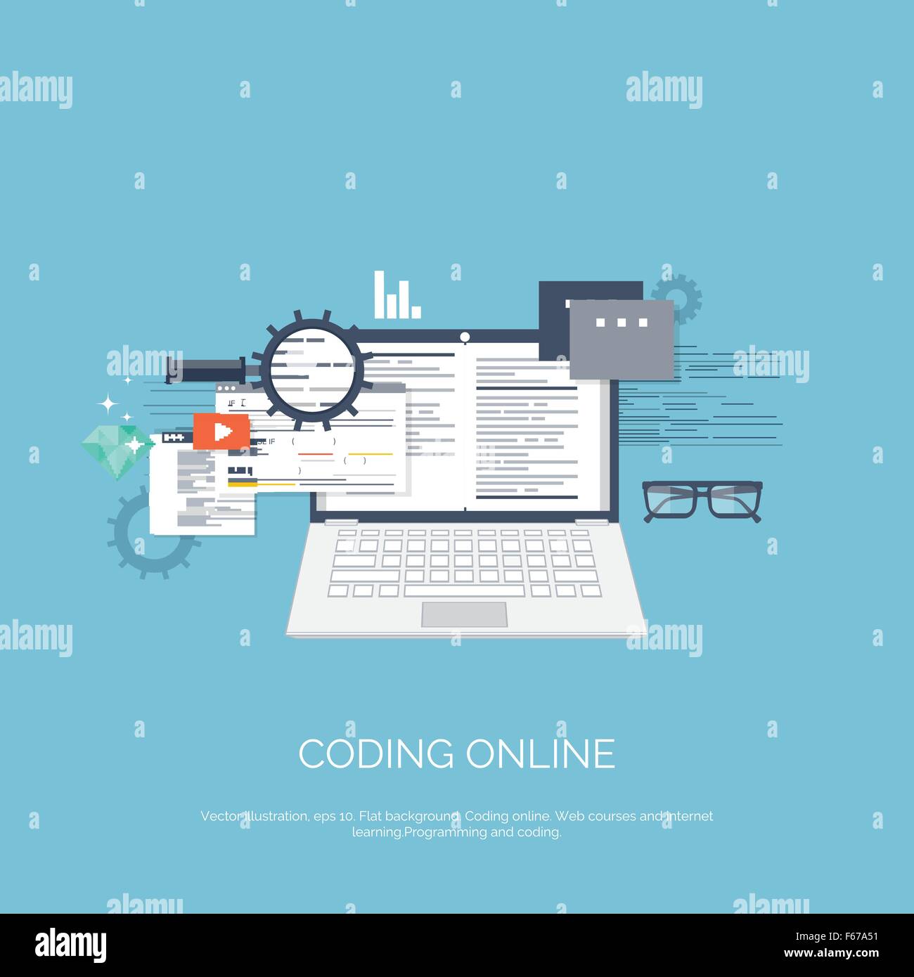 Vector illustration. Flat computing background. Programming,coding. Web development and search ...