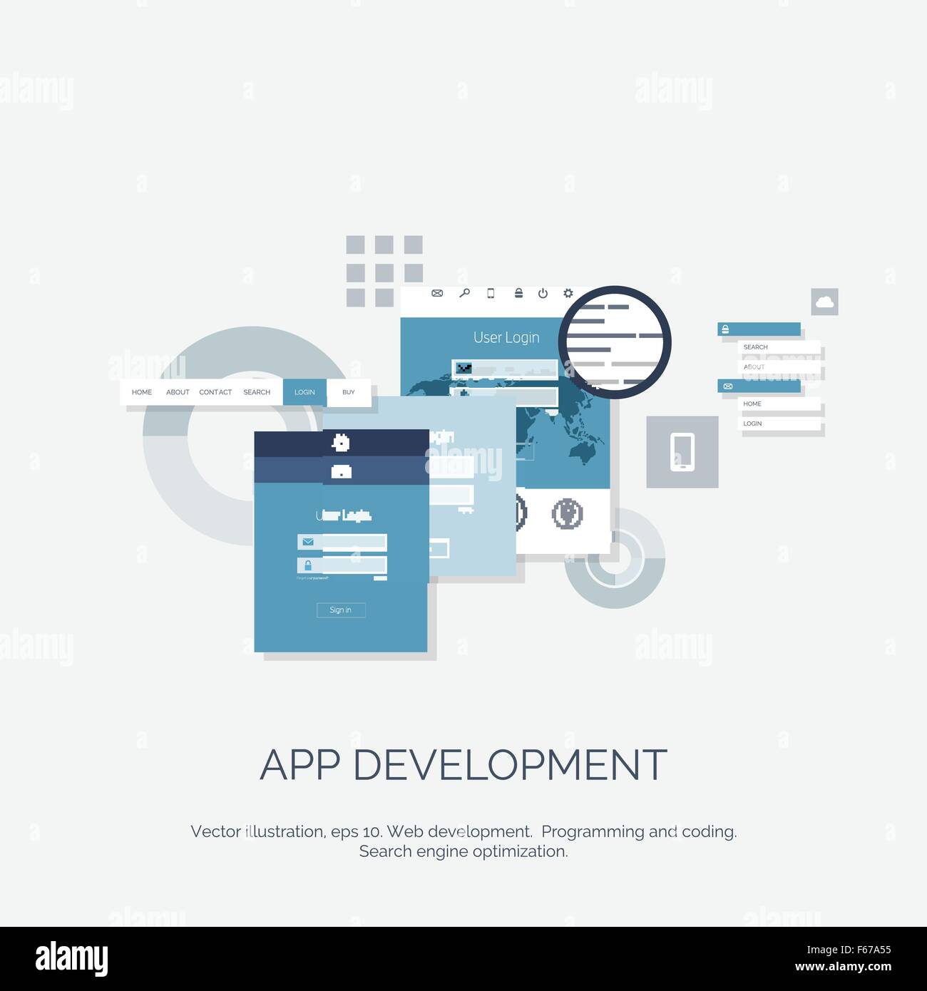 Vector illustration. Flat computing background. Programming,coding. Web development and search ...