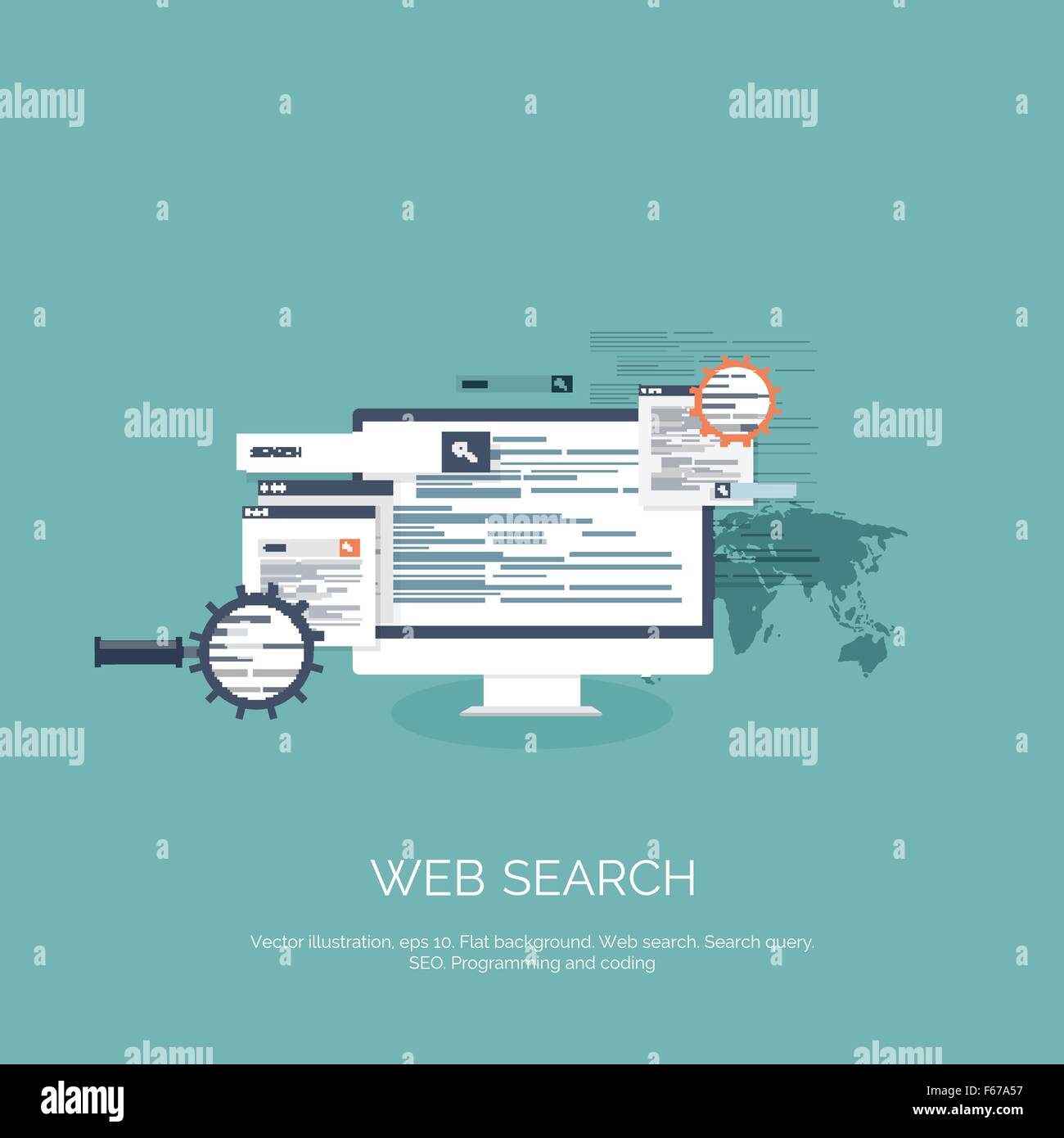 Vector illustration. Flat computing background. Programming,coding. Web development and search ...