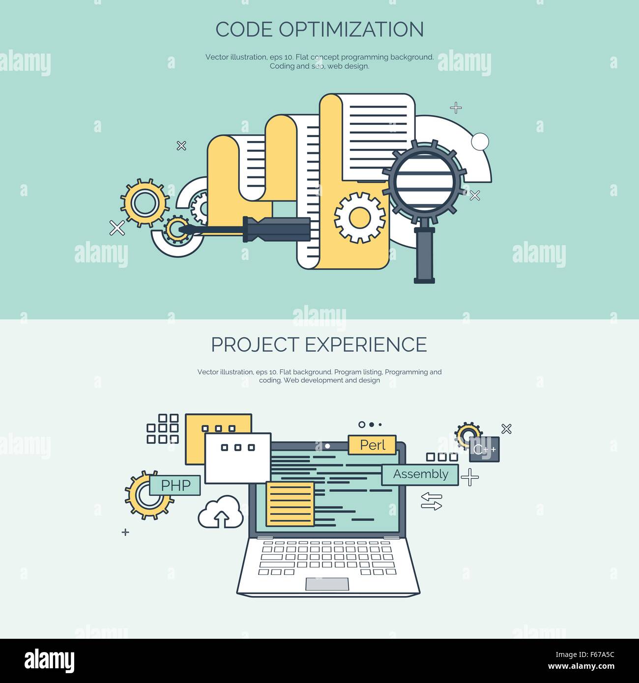 Vector illustration. Flat computing background. Programming,coding. Web development and search ...