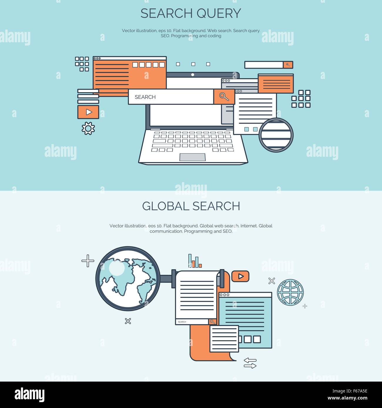 Vector illustration. Flat computing background. Programming,coding. Web development and search ...