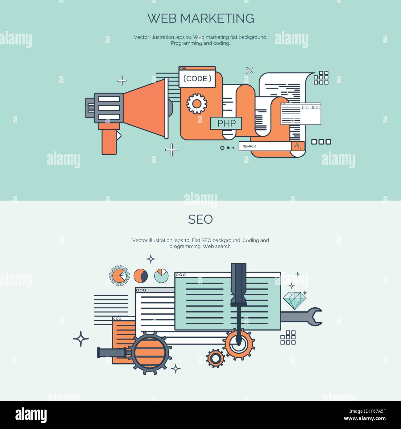 Vector illustration. Flat computing background. Programming,coding. Web development and search ...