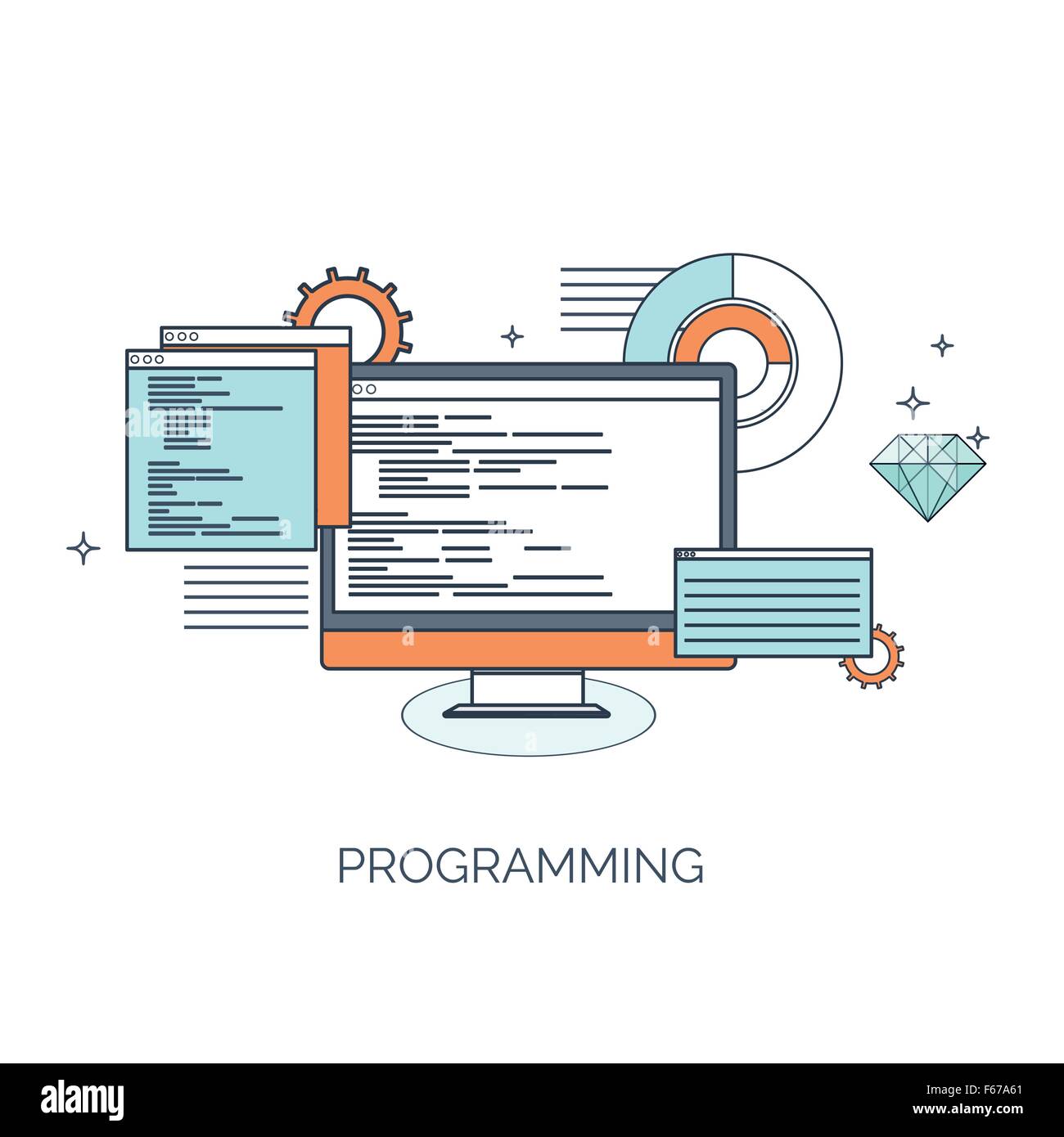 Vector illustration. Flat computing background. Programming,coding. Web development and search ...