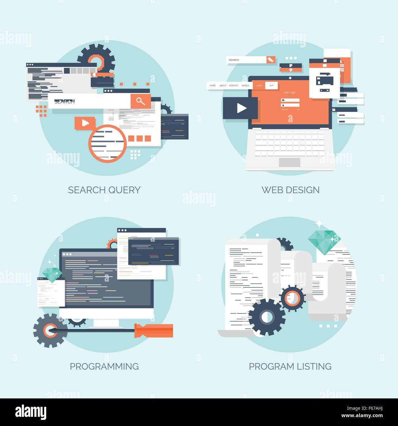 Vector illustration. Flat computing background. Programming,coding. Web development and search ...