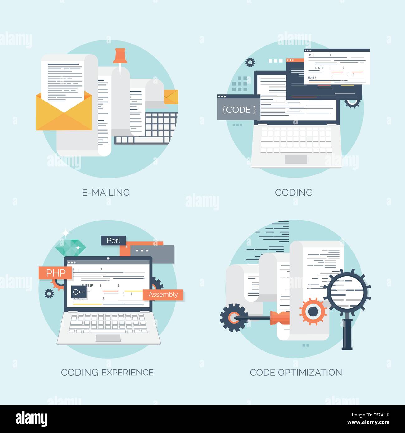 Vector illustration. Flat computing background. Programming,coding. Web development and search ...