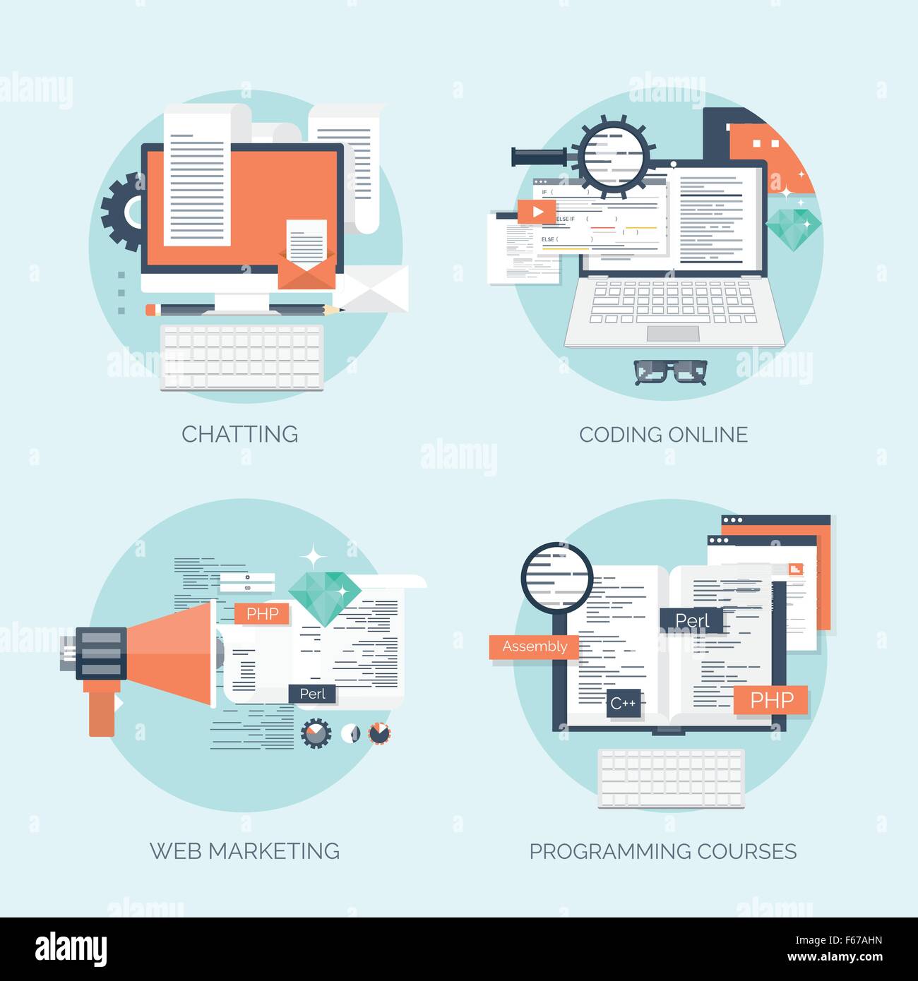 Vector illustration. Flat computing background. Programming,coding. Web development and search ...