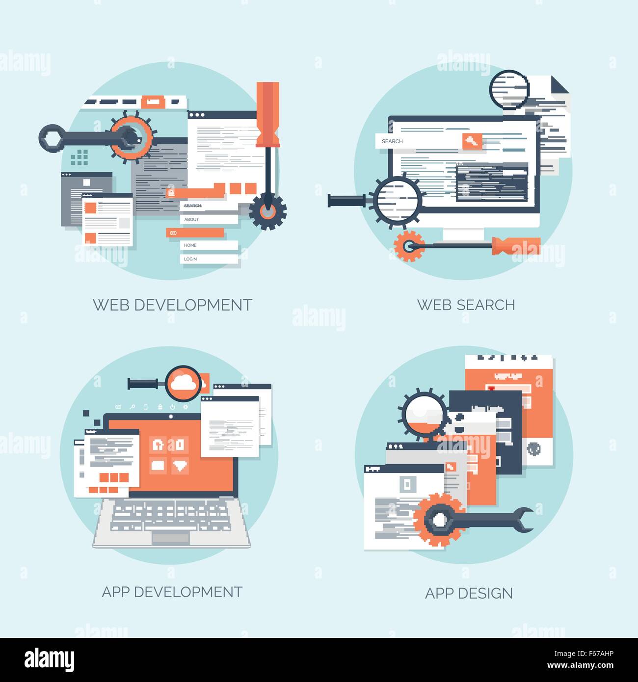 Vector illustration. Flat computing background. Programming,coding. Web development and search ...