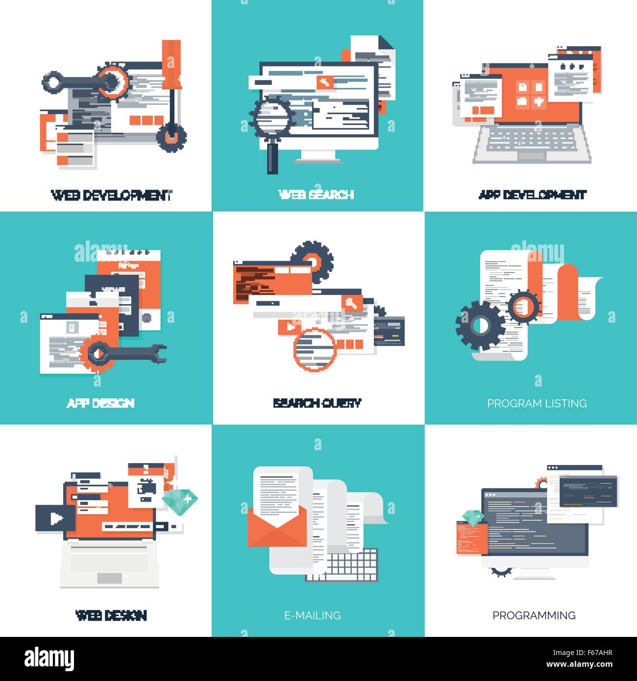 Vector illustration. Flat computing background. Programming,coding. Web development and search ...