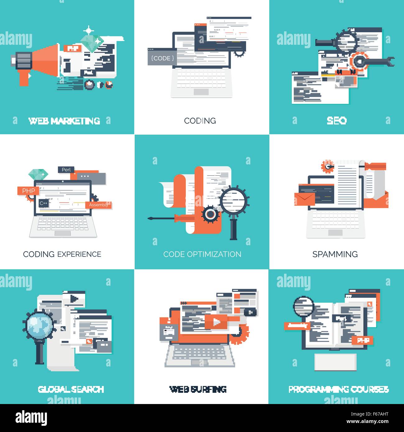 Vector illustration. Flat computing background. Programming,coding. Web development and search ...
