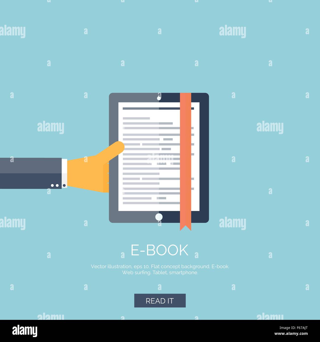 Vector illustration. Flat background with hand and tablet. E-book Stock ...