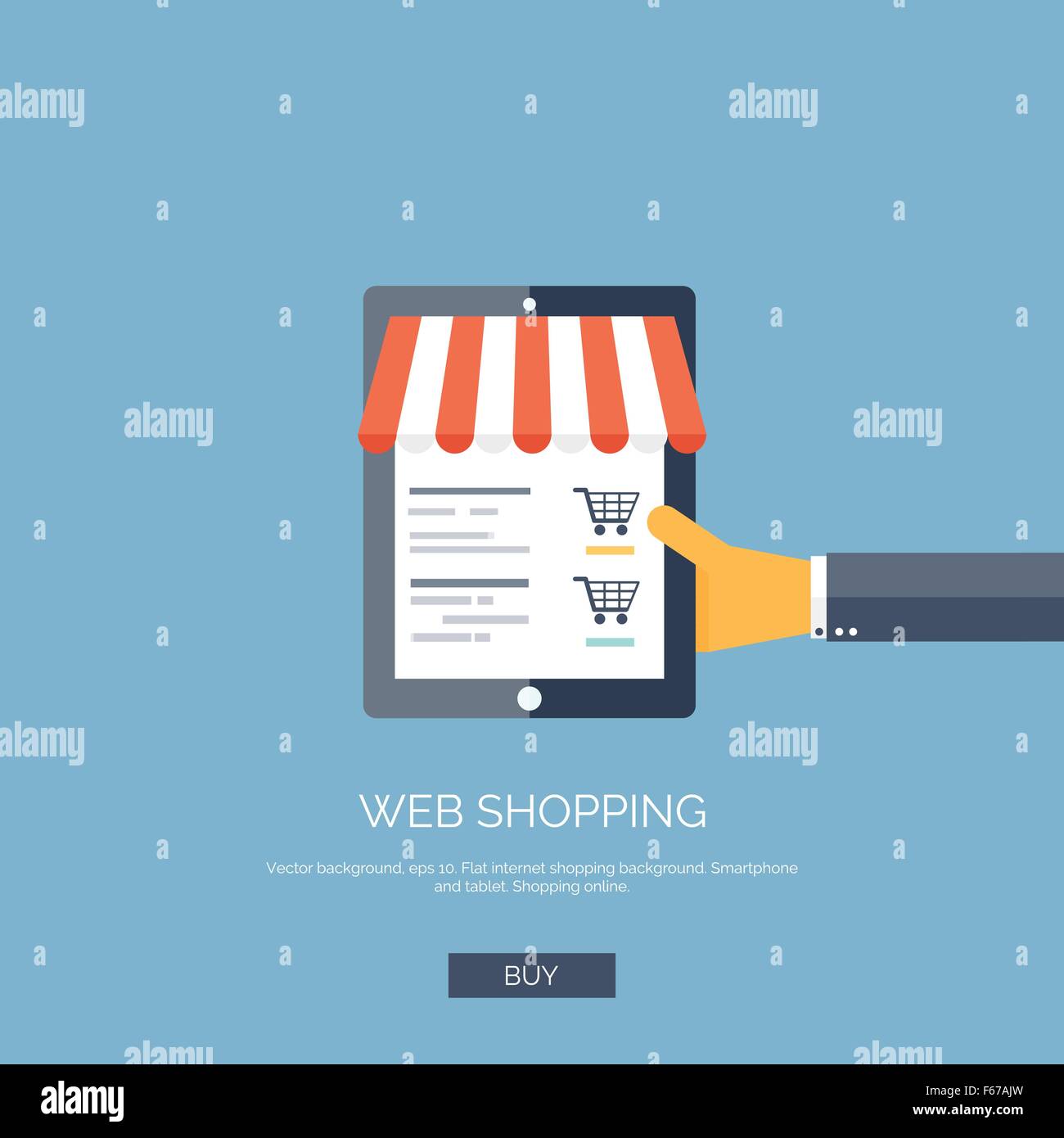 Vector illustration. Flat background with hand and tablet. Online ...