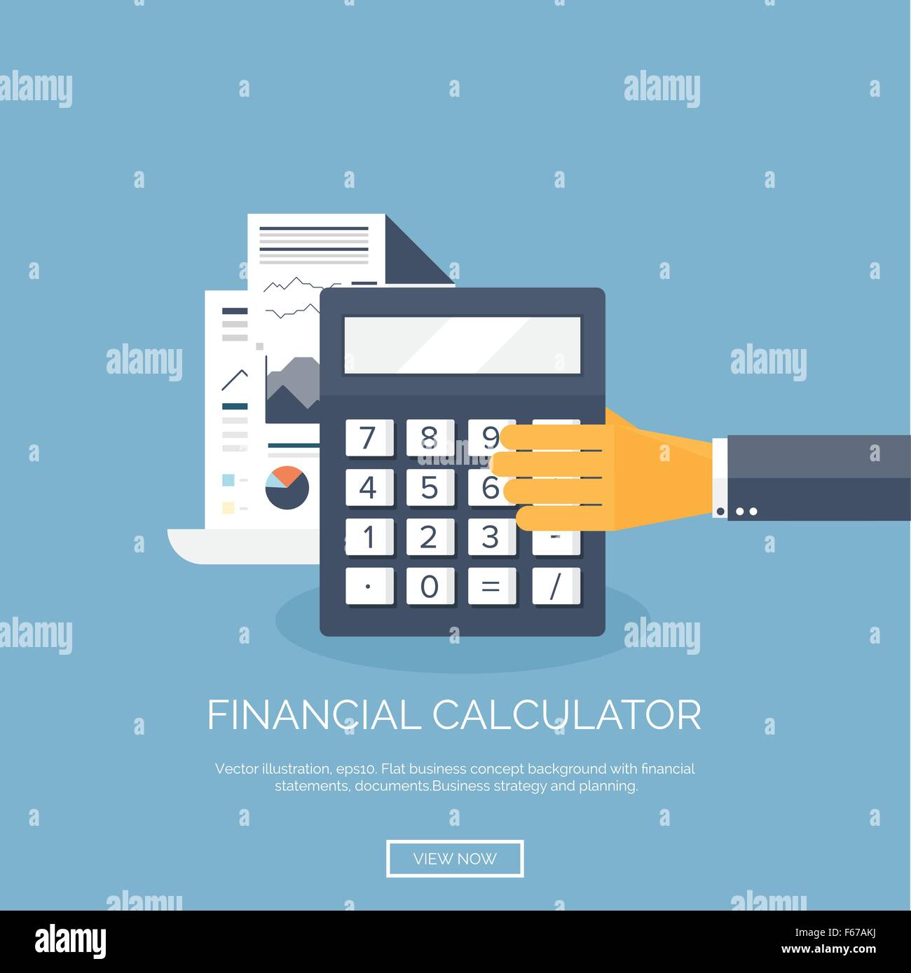 Vector illustration. Flat background with hand ,calculator. Financials ...