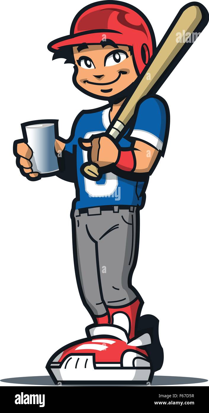 Smiling Baseball Softball Player With Bat, Batter's Helmet and a Drink ...