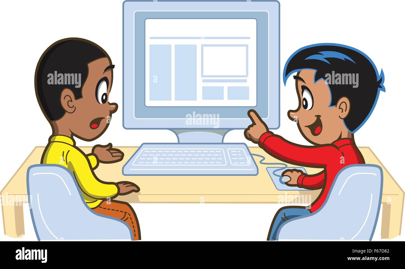 Two Young Boys Looking at Something on a Computer Stock Vector Image ...