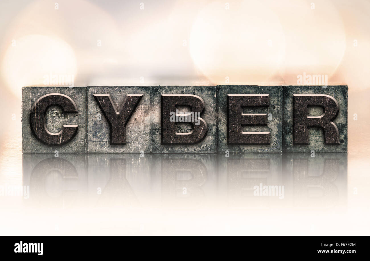 The word "CYBER" written in vintage ink stained letterpress type Stock ...