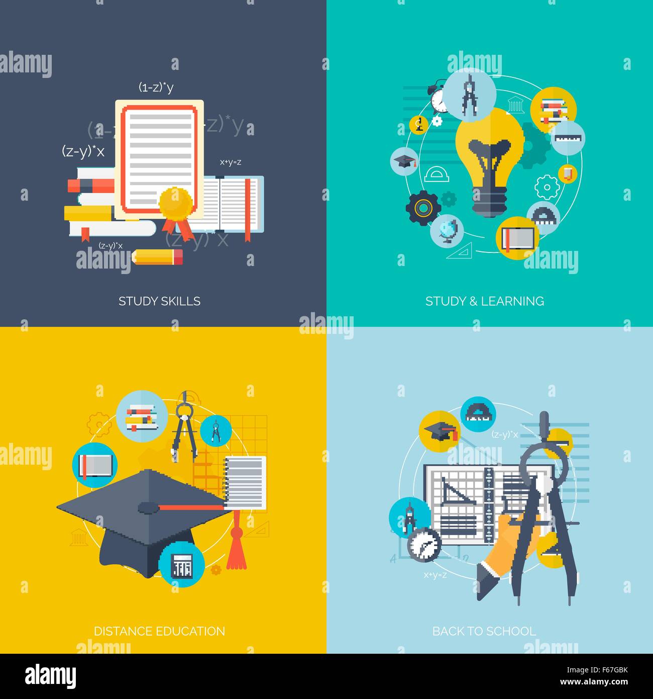 Flat concept education backgrounds set. Back to school. Distance ...