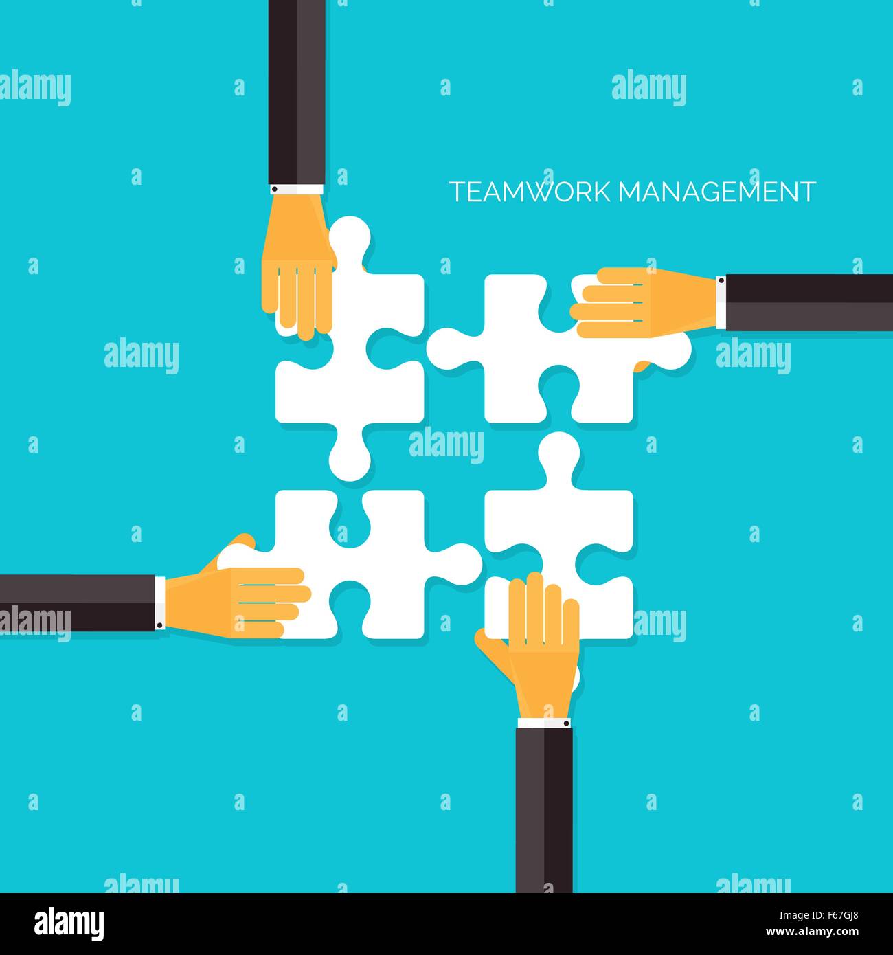 Flat background with hands and puzzles. Teamwork management concept ...
