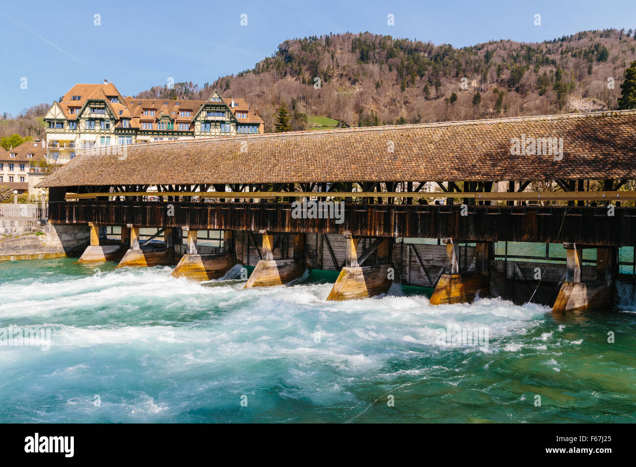 Historical Wood bridge or Water gate or river aare in Thun, switzerland ...