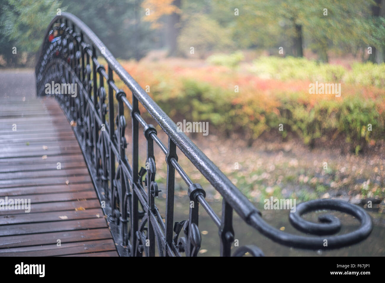Old iron railing with colorful autumn background Stock Photo - Alamy