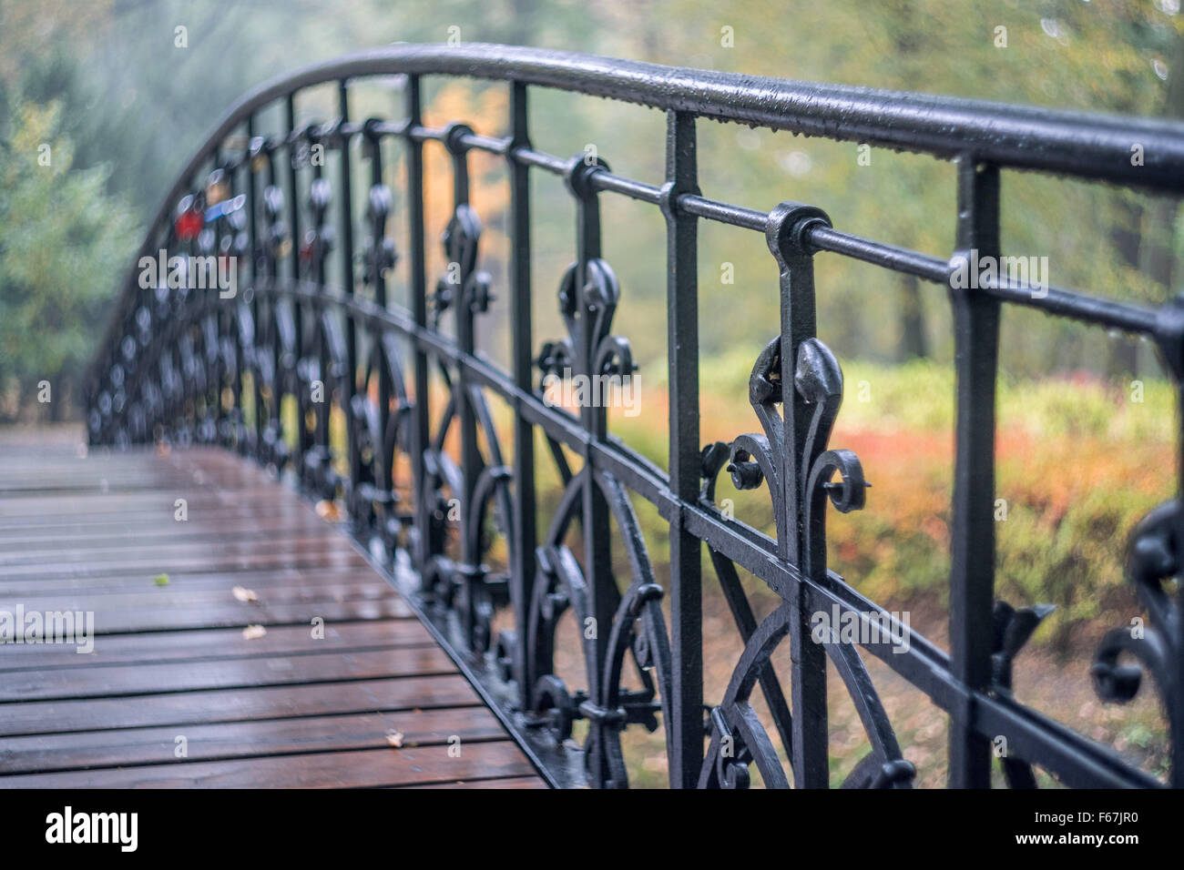Old iron railing with colorful autumn background Stock Photo - Alamy