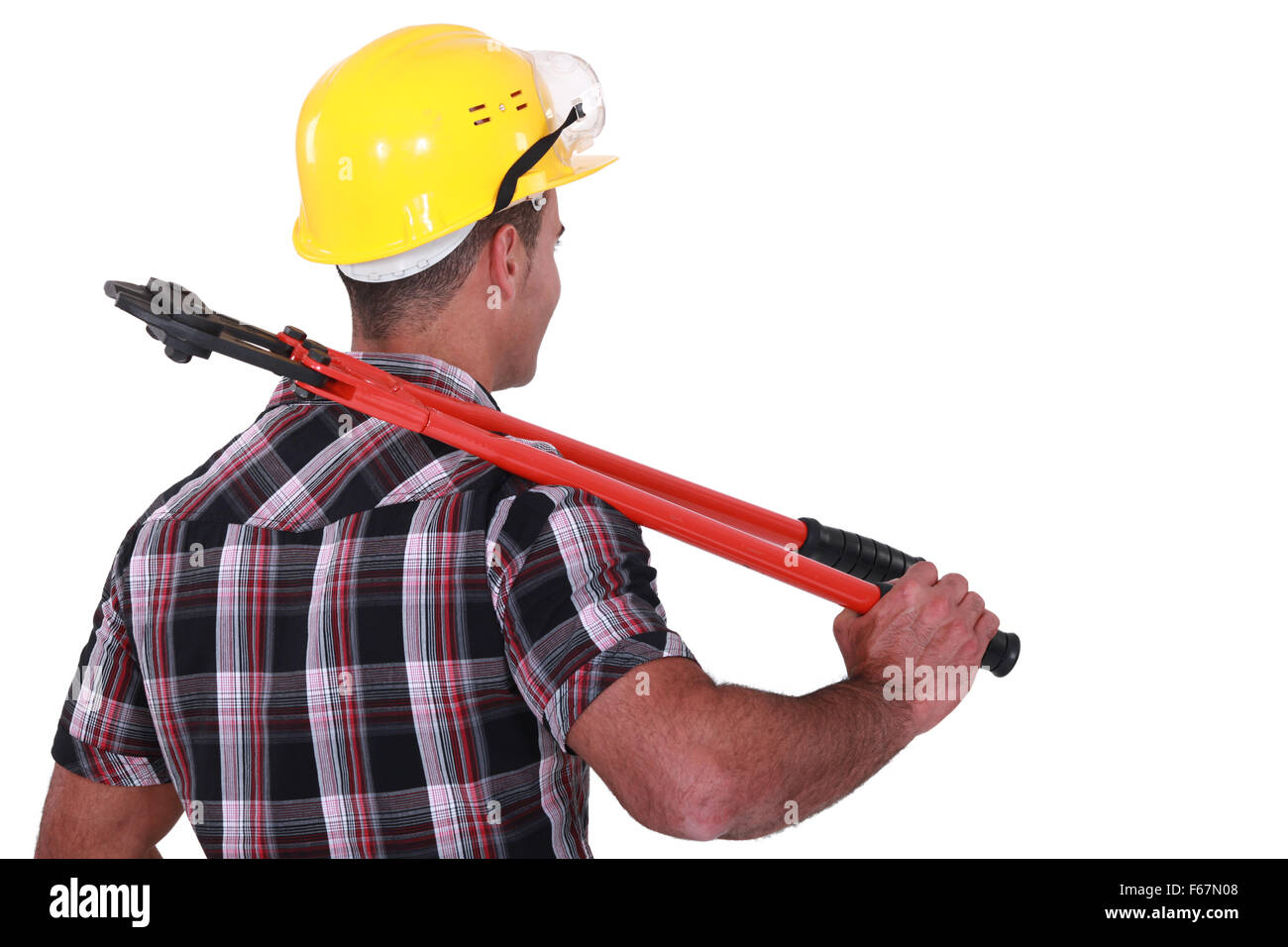 Tradesman carrying a pair of large clippers on his shoulder Stock Photo ...