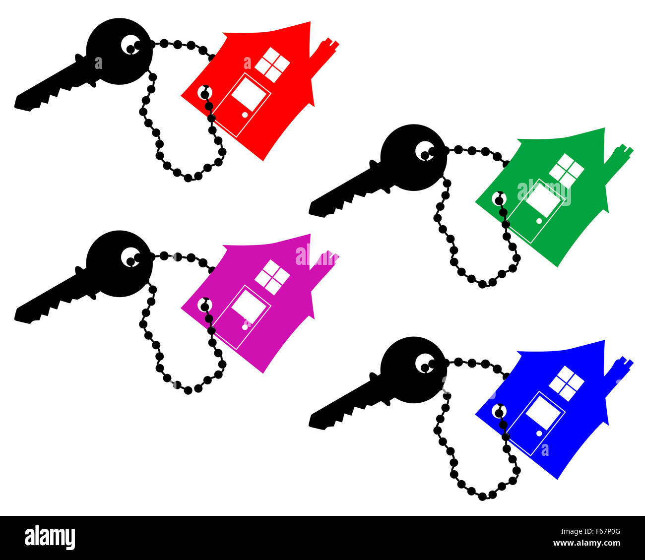 A set of four keys and rings of various colours over a white background ...