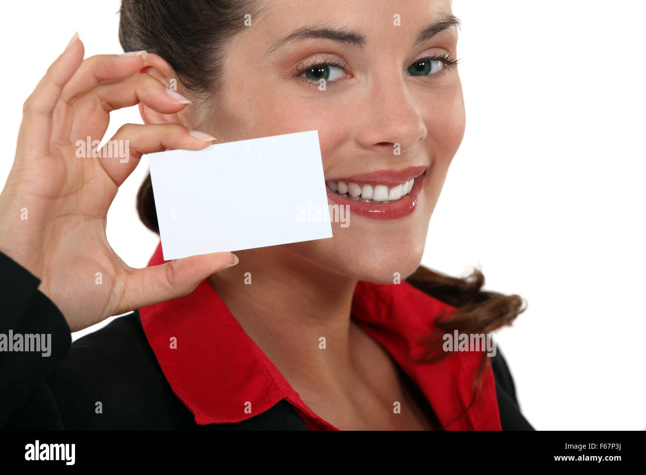 Woman presenting business card Stock Photo - Alamy